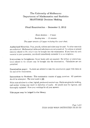 Assignment 2 MAST30002 2022 Canvas - MAST30022 Decision Making Assignment 2, Semester 1 2022 Due ...