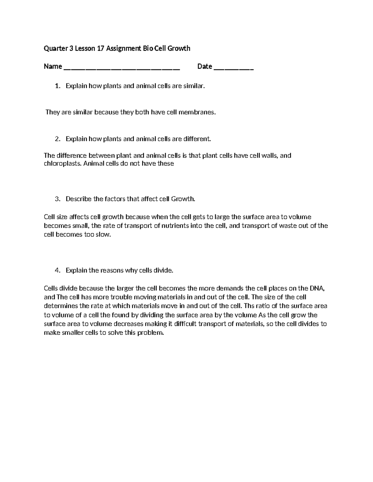 Quarter 3 Lesson 17 Assignment Cell Growth - Quarter 3 Lesson 17 ...