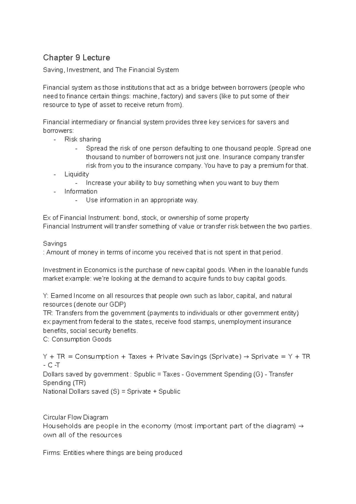 ECON-E 202 Class Notes 2 - Chapter 9 Lecture Saving, Investment, and ...