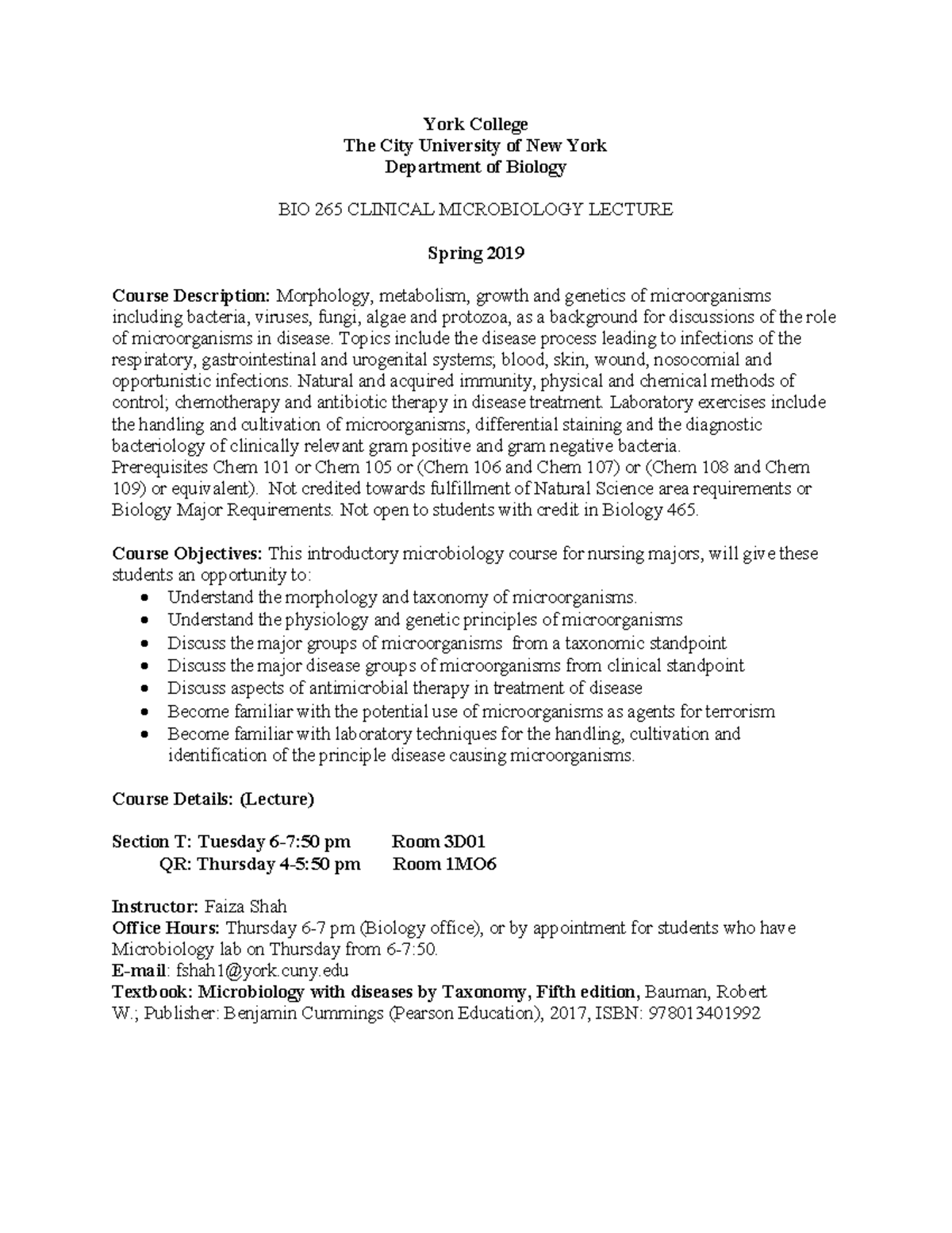 YORK Bio 265 Lecture Spring 2019 - York College The City University of ...