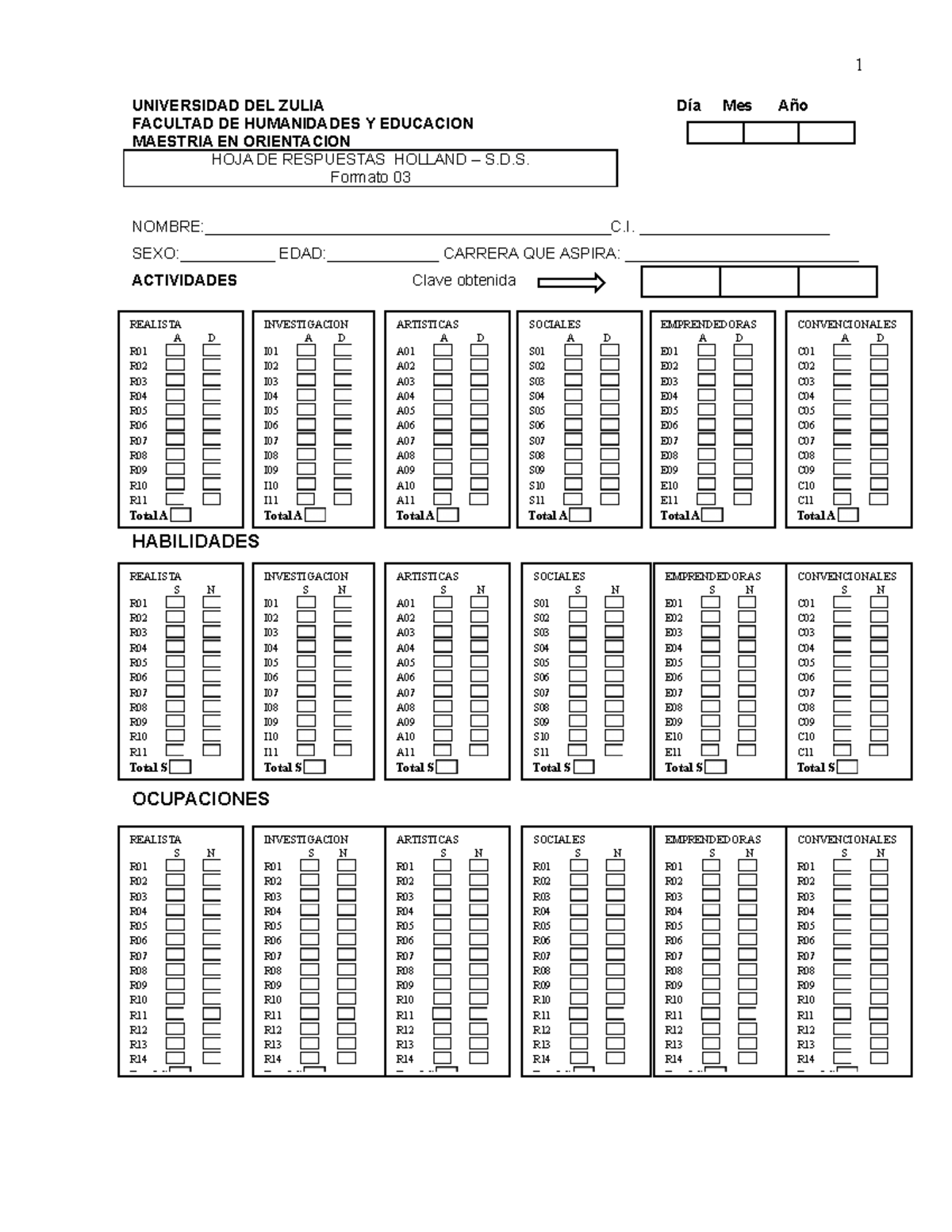 TEST DE HOLLAND MANUAL Y HOJAS DE RESPUESTA - UNIVERSIDAD DEL ZULIA Día ...