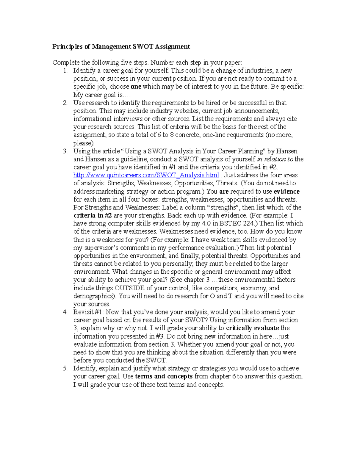 SWOT Assignment - Principles of Management SWOT Assignment Complete the ...