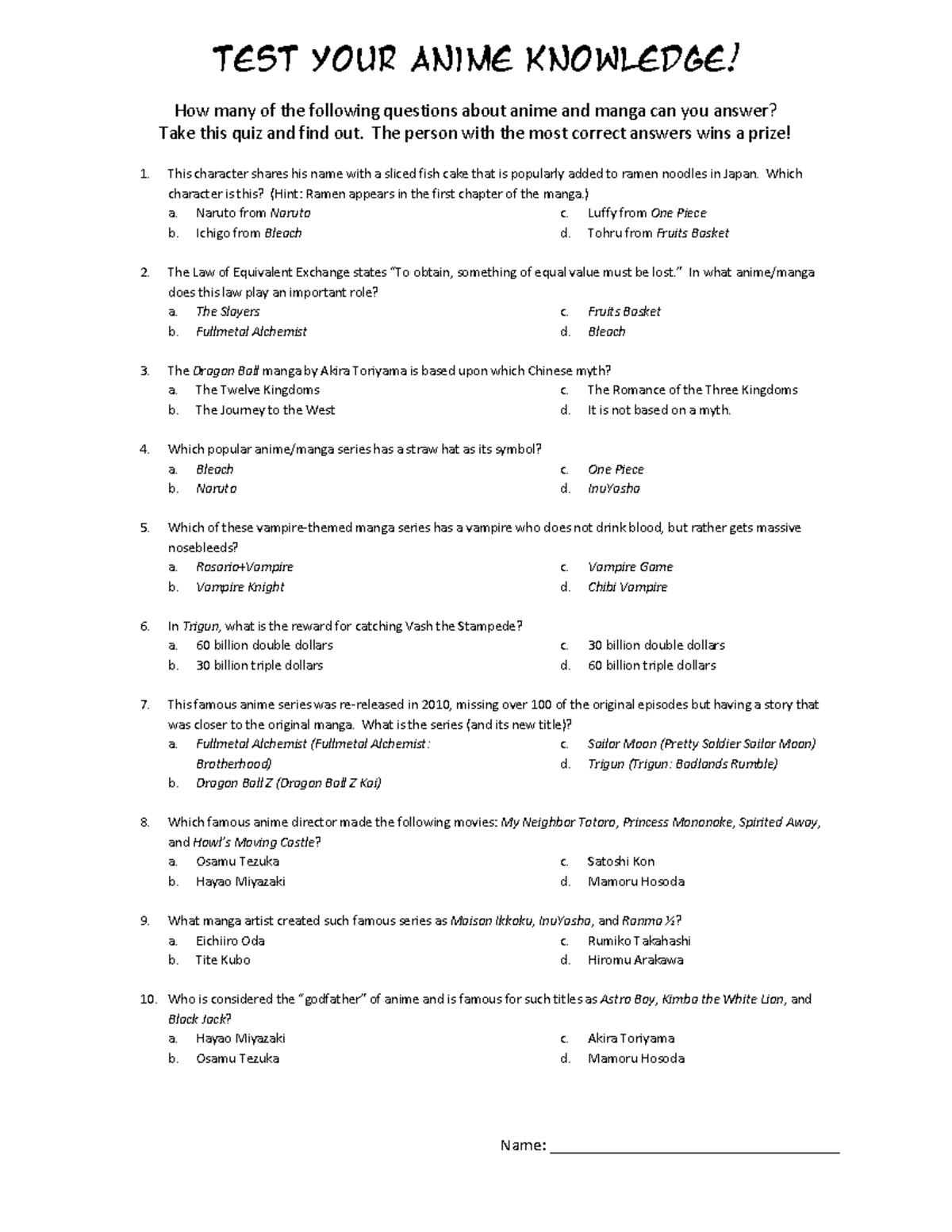 Anime-trivia - Name: __________________________________ Test your anime ...