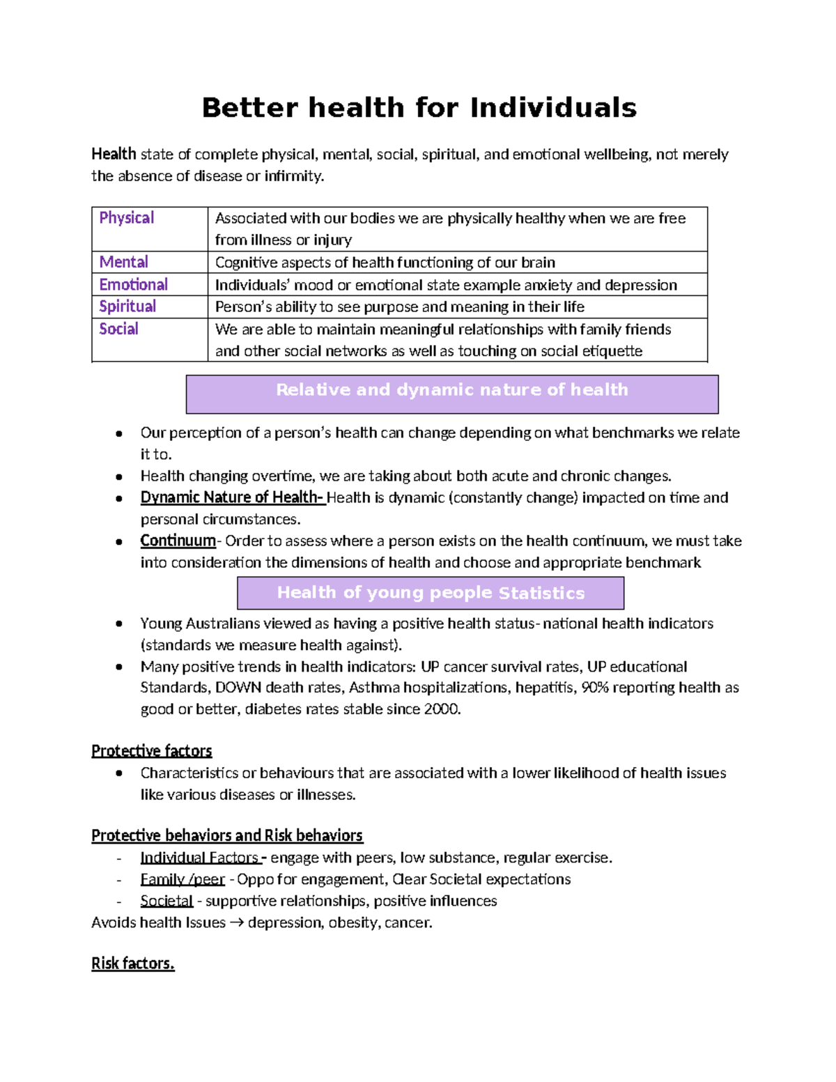 Pdhpe Notes - Better health for Individuals Health state of complete ...