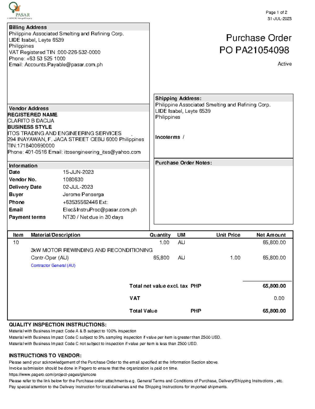 PO Attachments PA21054098 - Purchase Order PO PA Active Billing Address ...