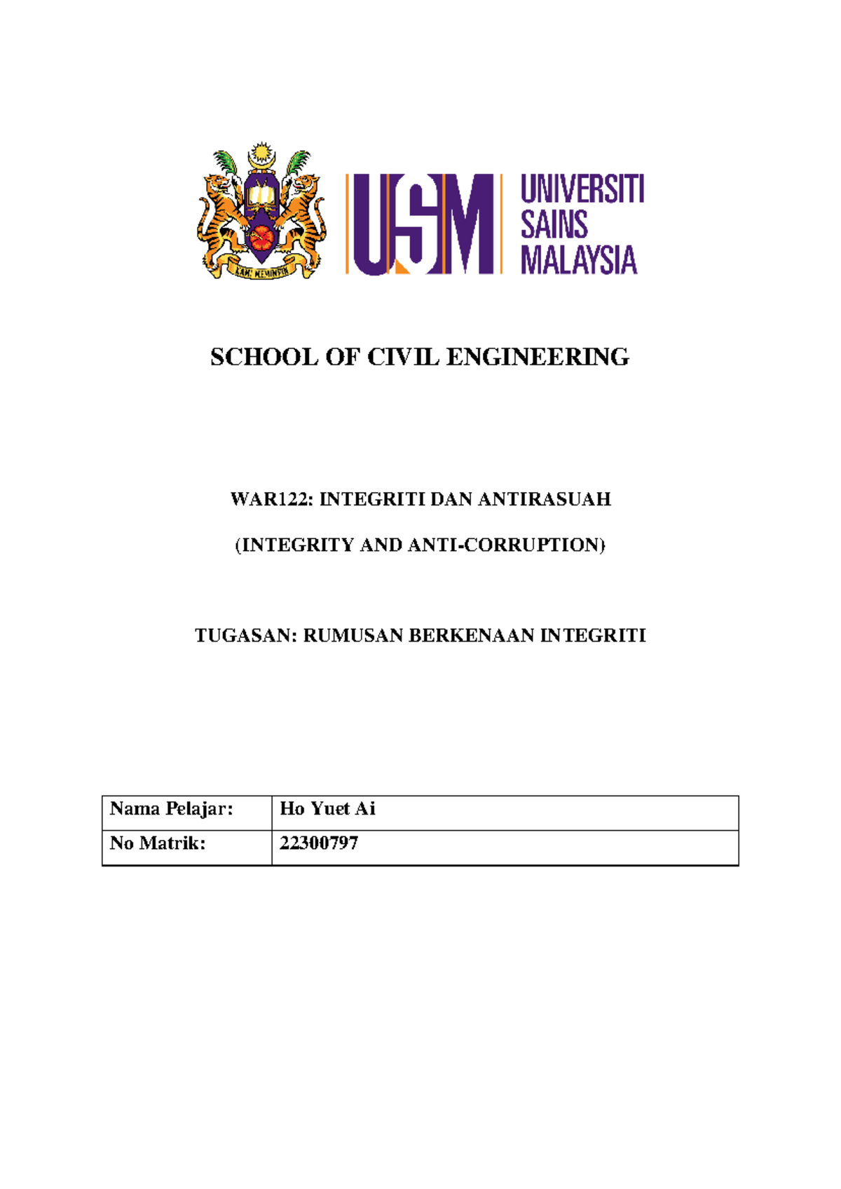 Rumusan WAR122- HO YUET AI 22300797 - SCHOOL OF CIVIL ENGINEERING ...