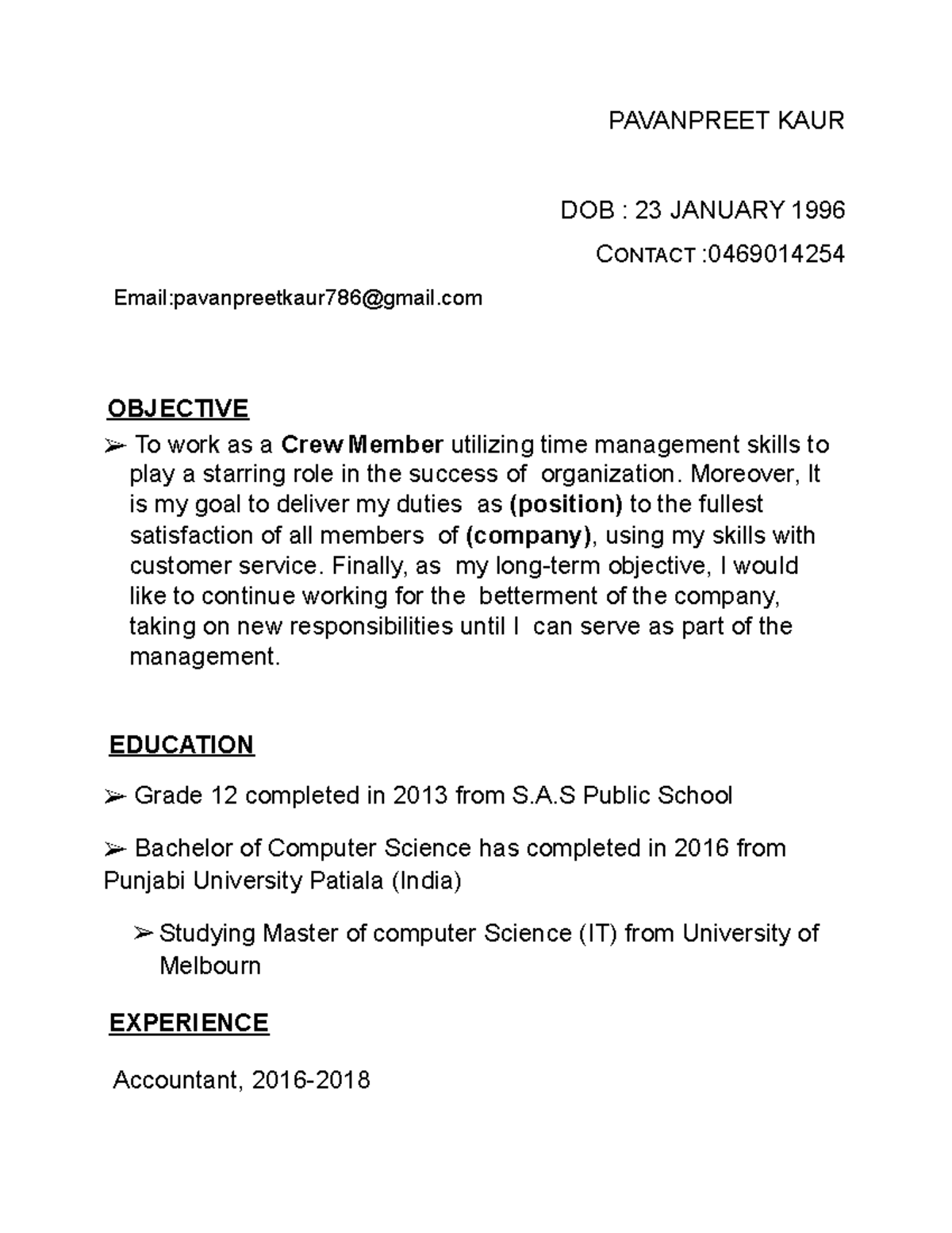 Format resume - warer - PAVANPREET KAUR DOB : 23 JANUARY 1996 CONTACT ...