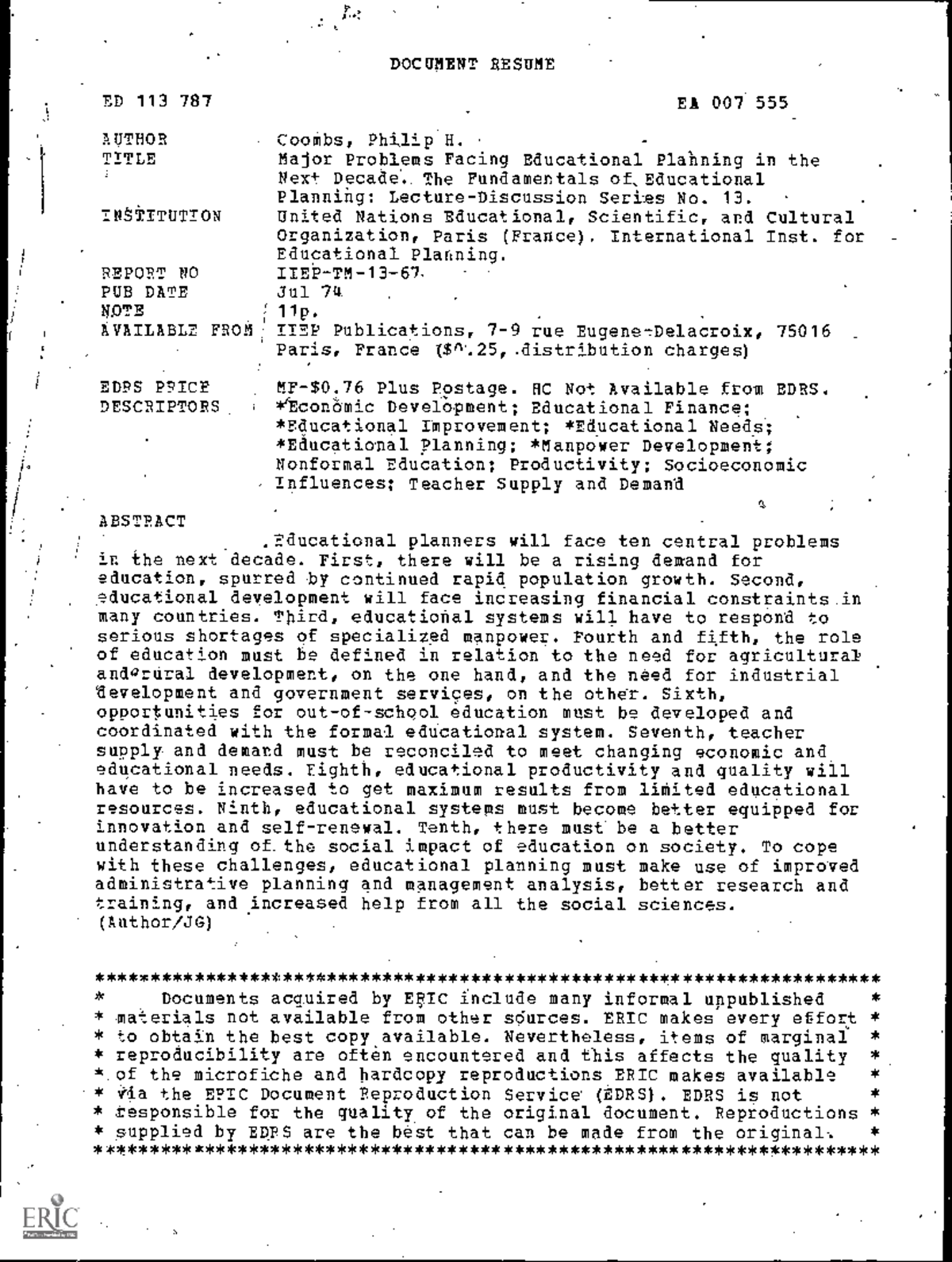 Major Problems Facing Educational Planning in the 1980s - DOCUMENT ...