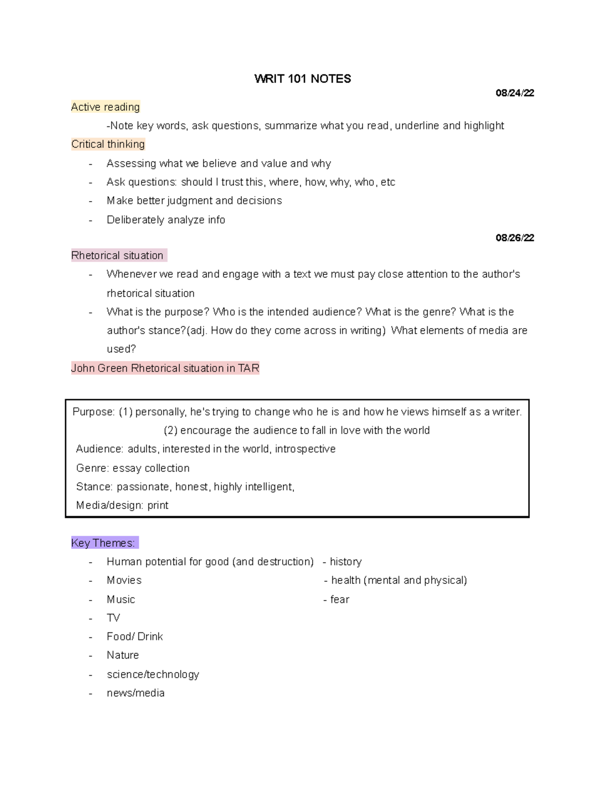 Writ 101 notes - Chip Dunkin Writ 101 - WRIT 101 NOTES 08/24/ Active ...
