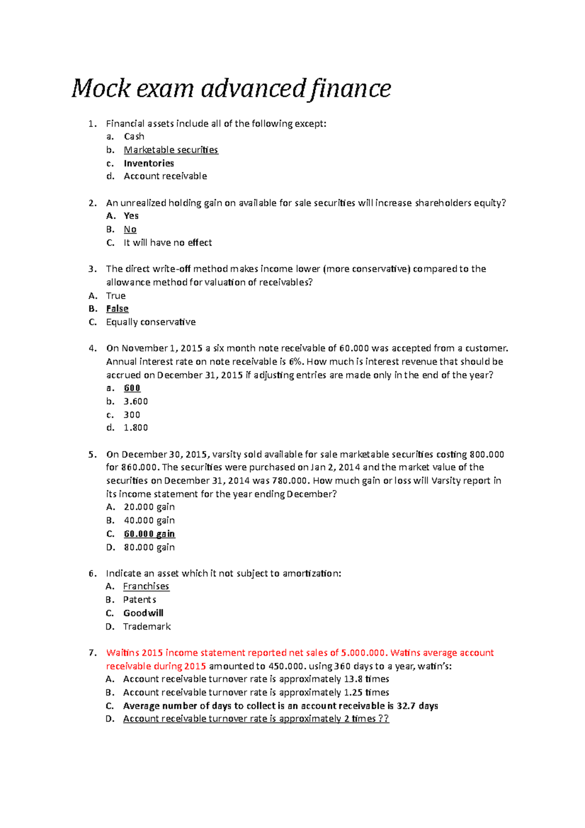 Mock exam advanced finance - Mock exam advanced finance Financial ...