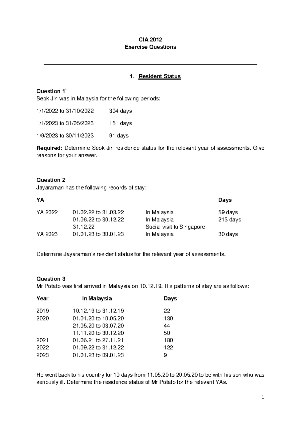 CIA2012 Exercise Qs Part 1 - CIA 2012 Exercise Questions Resident ...