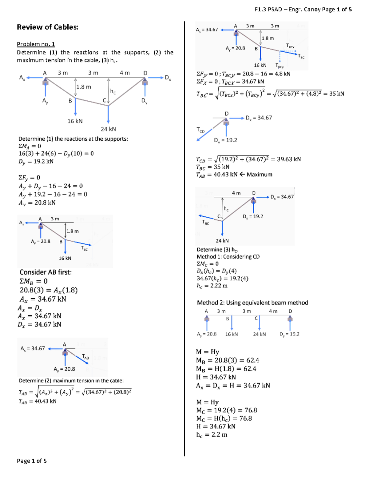 statics and rigid bodies - Review of Cables: Problem no. 1 Determine (1 ...