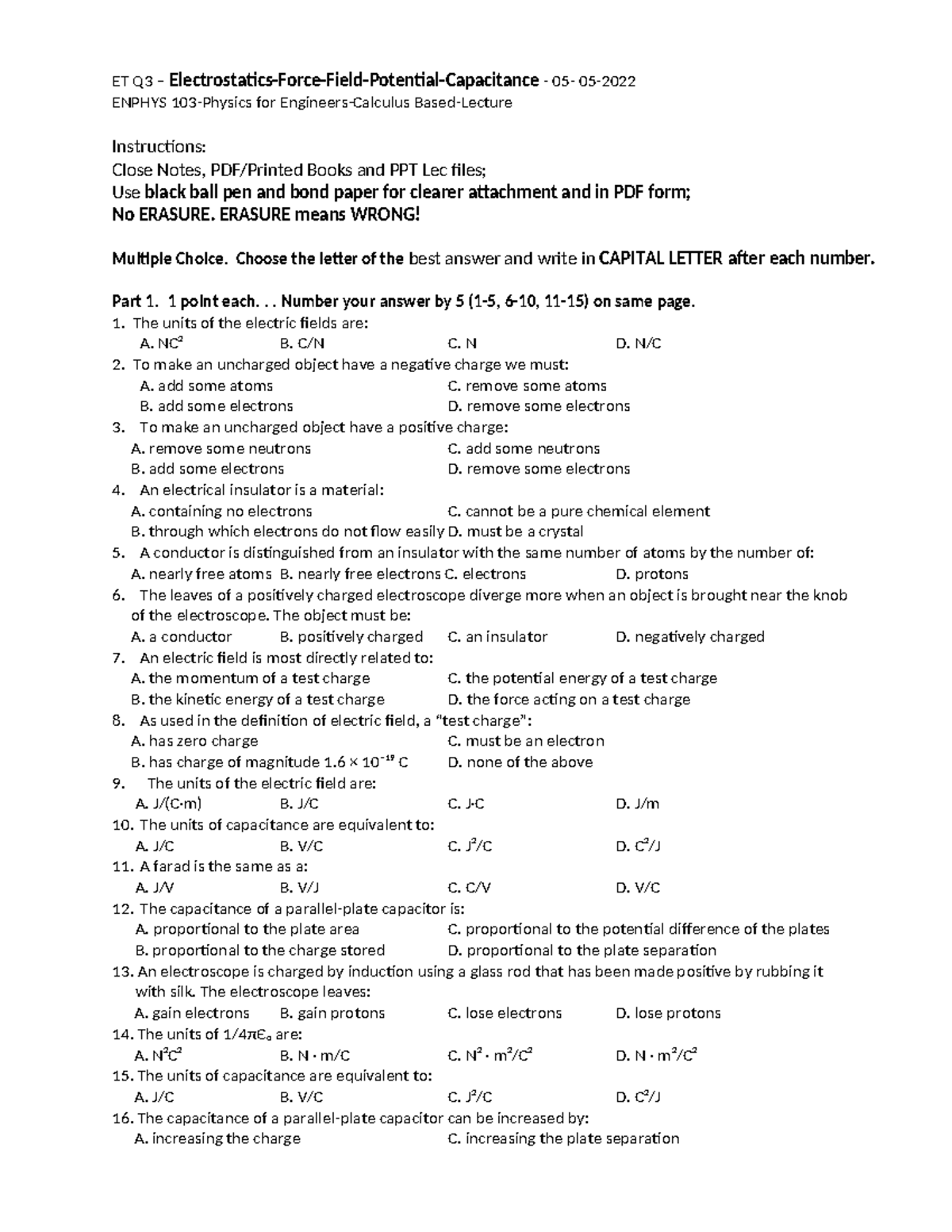 ET Q3 Electrostatics Force Field Potential Capacitance 5 5 22 - ET Q3 – - Studocu