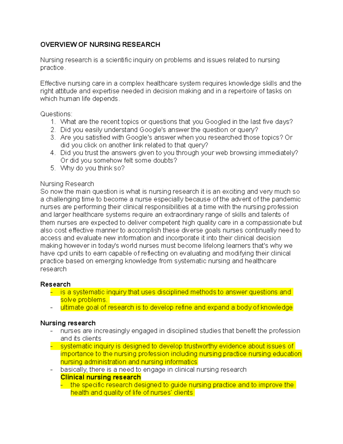 Overview OF Nursing Research - OVERVIEW OF NURSING RESEARCH Nursing ...