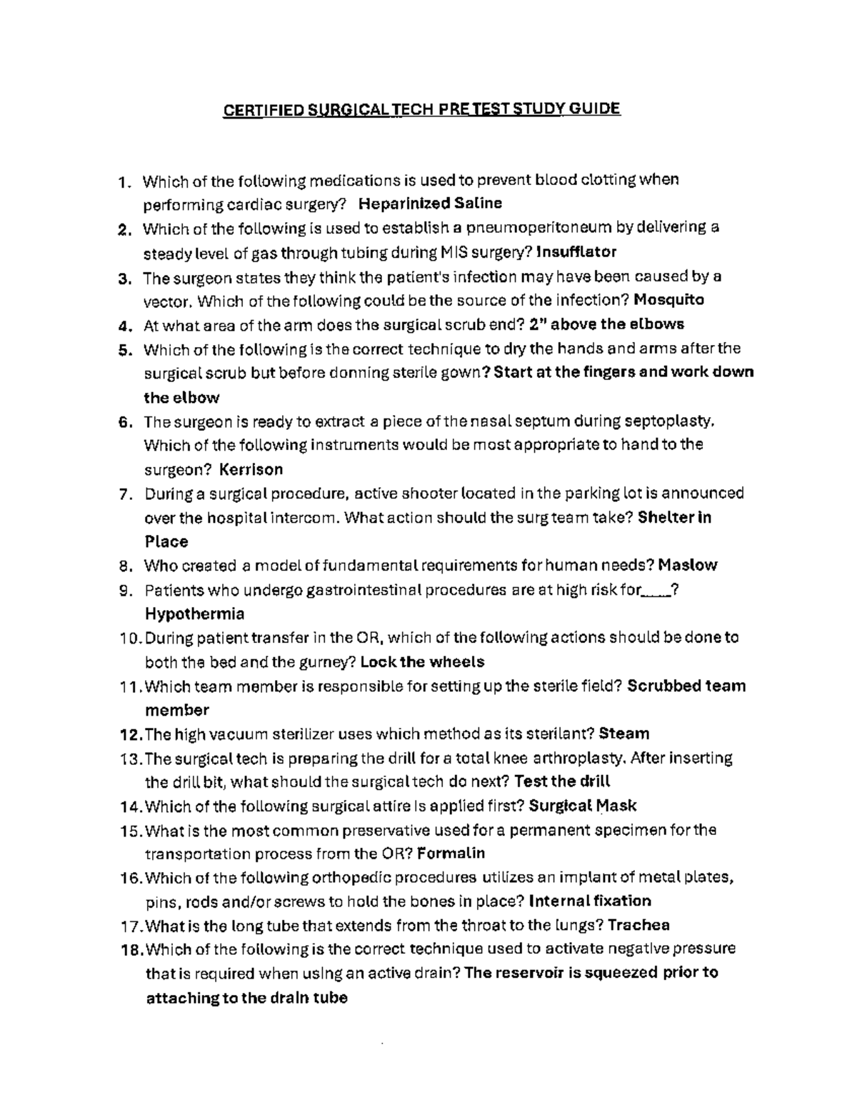 Surg Tech Sutdy Guide - CERTIFIED SURGICAL TECH PRE TEST STUDY GUIDE 1 ...