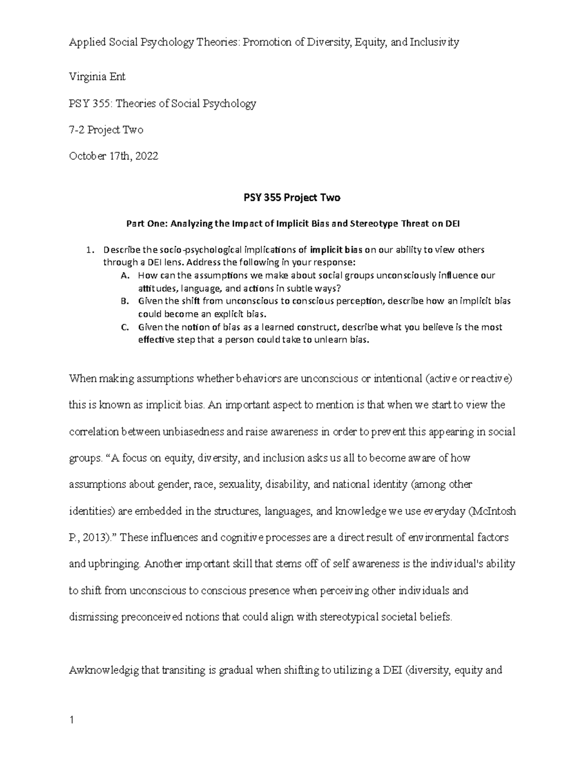 PSY 355 Project Two Module 7 Virginia Ent PSY 355 Theories Of Social