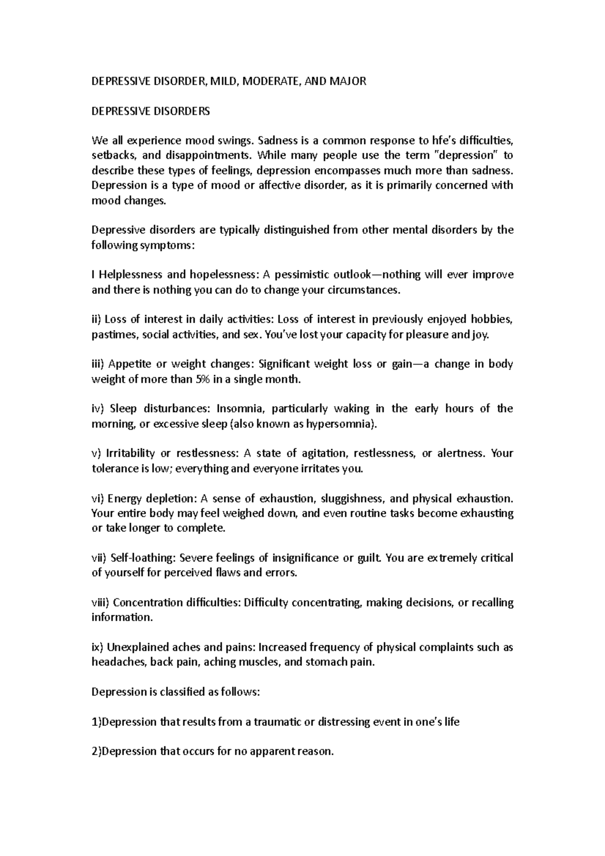 Depressive Disorder, MILD, Moderate, AND Major - DEPRESSIVE DISORDER ...