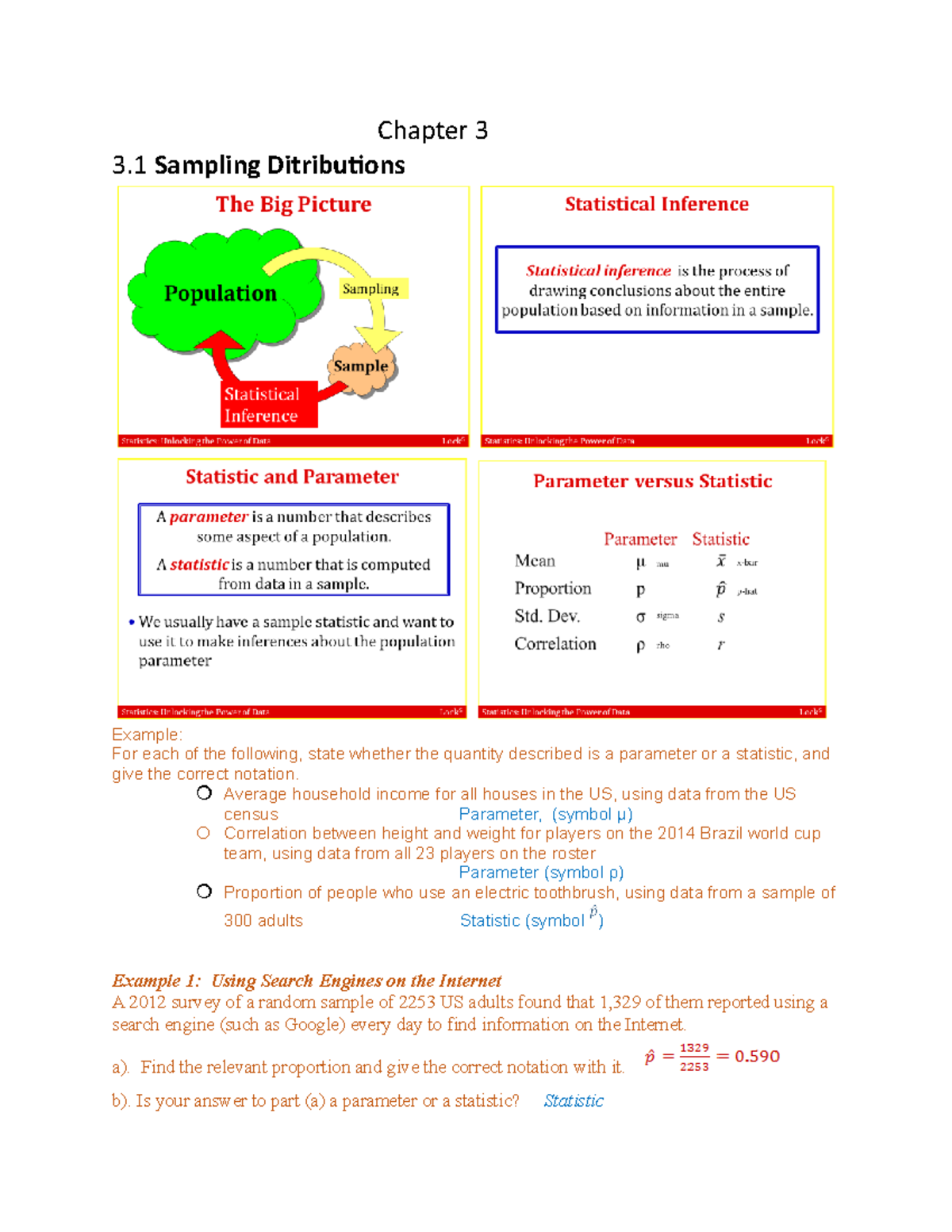 Chapter 3 summary key - Chapter 3 3 Sampling Ditributions Example: For ...