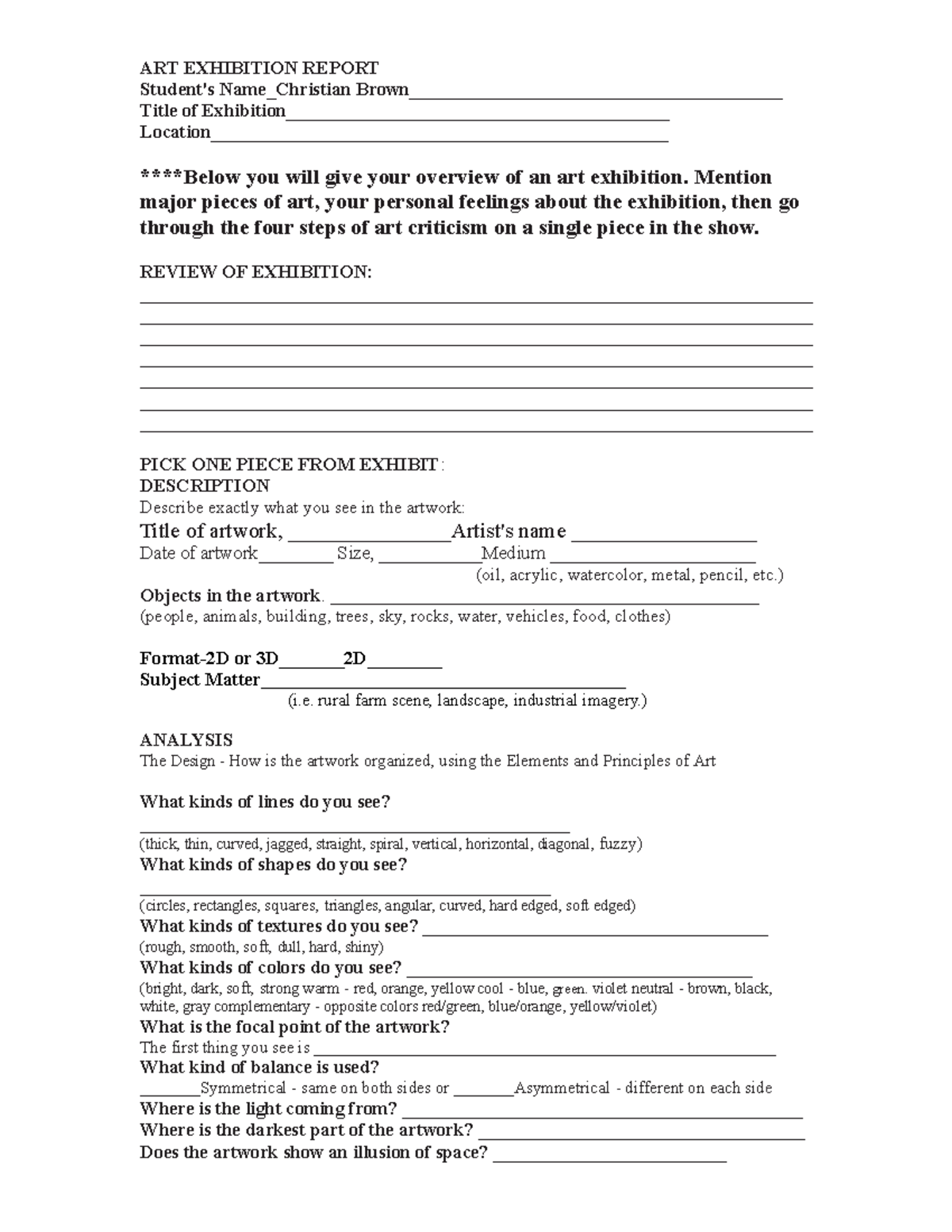 Gallery visit 1107 paper for notes - ART EXHIBITION REPORT Student's ...