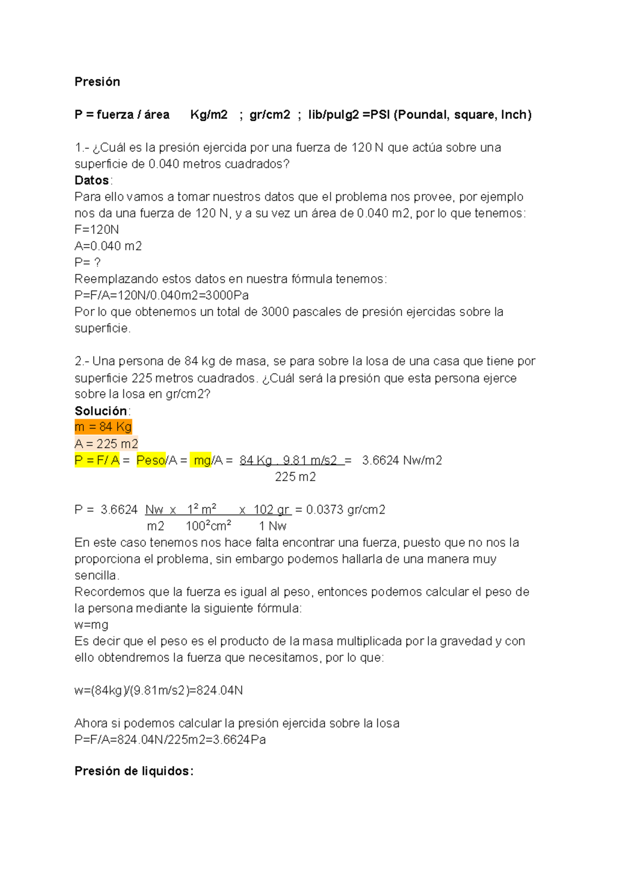 Ejem01 Presi n Ejercicios Resueltos De Presion Presi n P Fuerza