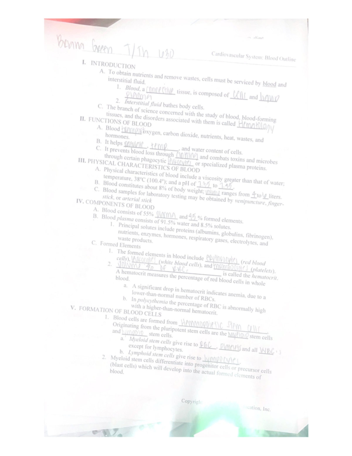 Cardiovascular System Blood Outline - INTRODUCTION A. To obtain ...