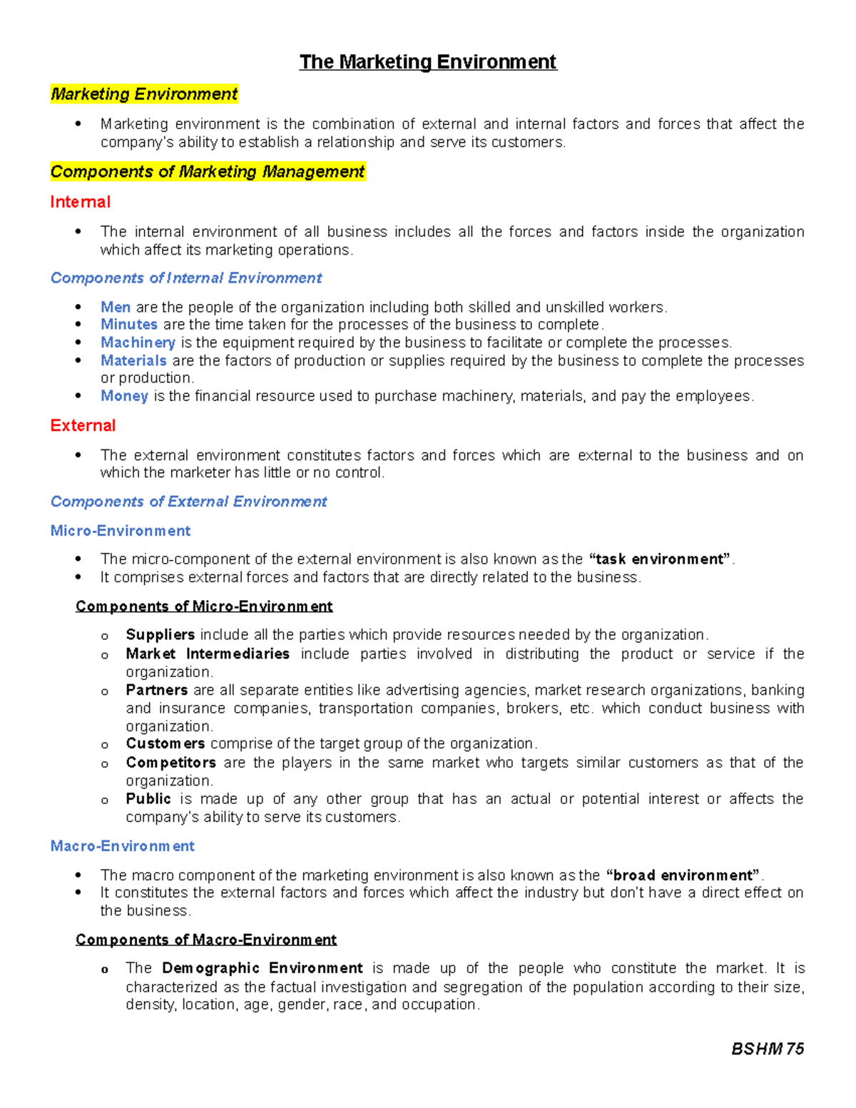 BSHM 75 additional - notes - The Marketing Environment Marketing ...