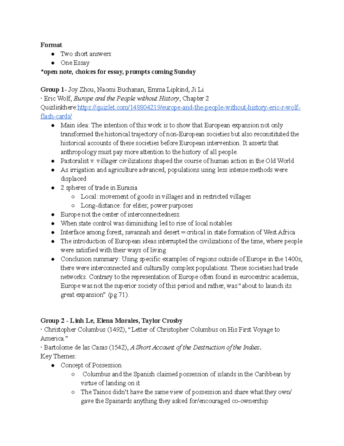 Study Guide - Format Two short answers One Essay *open note, choices ...