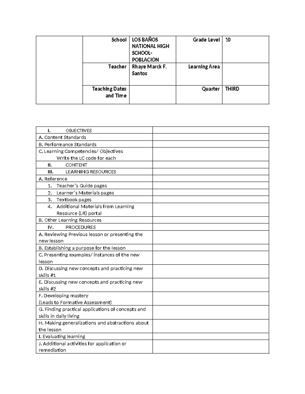 Lesson Plan Guide ko - School LOS BAÑOS NATIONAL HIGH SCHOOL- POBLACION ...