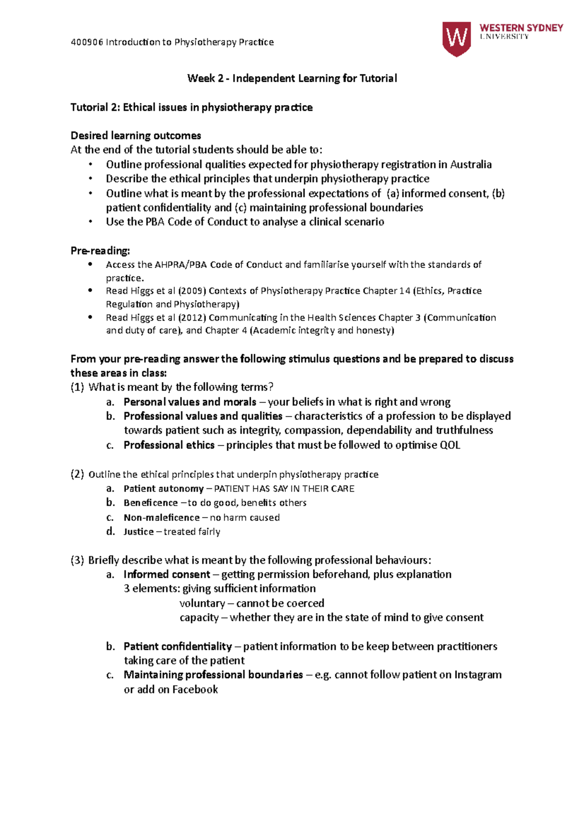 Week 2 Individual learning Tutorial work 2 - 400906 Introduction to ...