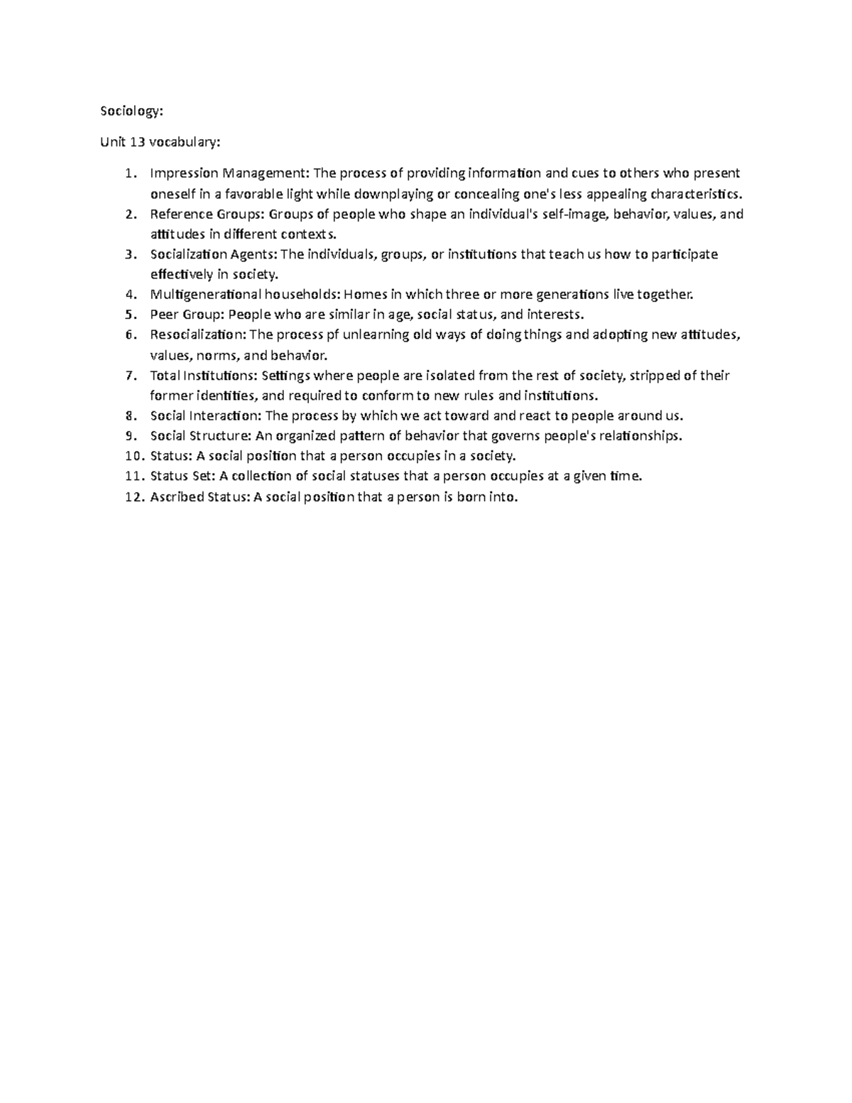 Sociology unit 13 vocabulary - Sociology: Unit 13 vocabulary ...