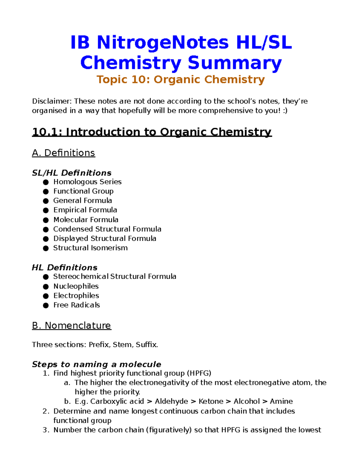Copy of Chapter 10 + 20 Guide to Organic Chemistry - IB NitrogeNotes HL ...