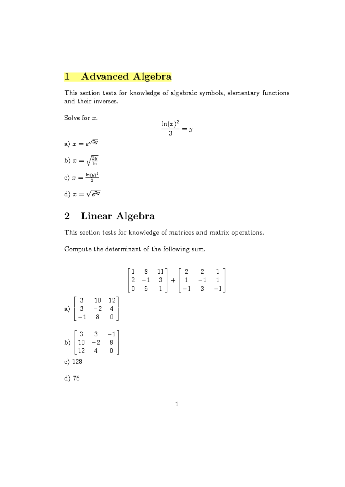 Sample Question - 1 Advanced Algebra This section tests for knowledge ...