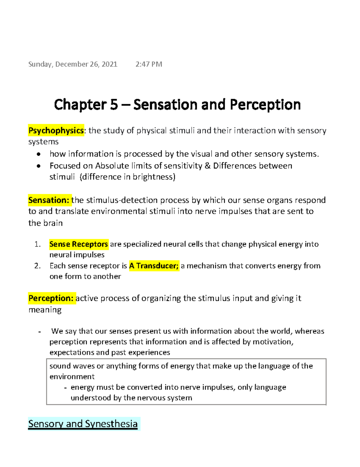 Psych Chapter 5– Sensation and Perception - Chapter 5 – Sensation and ...