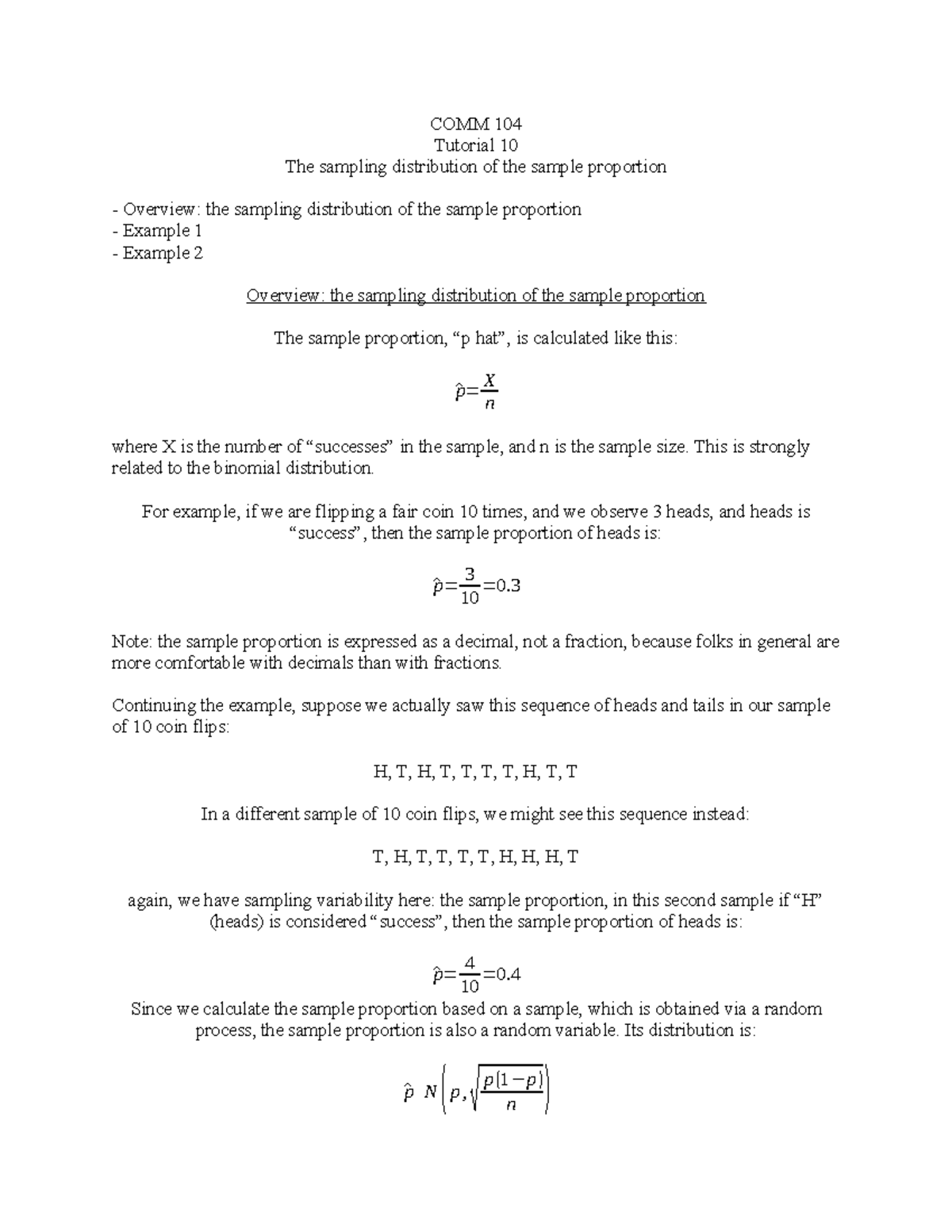 COMM104 Tutorial 10 Questions-1 - COMM 104 Tutorial 10 The sampling ...