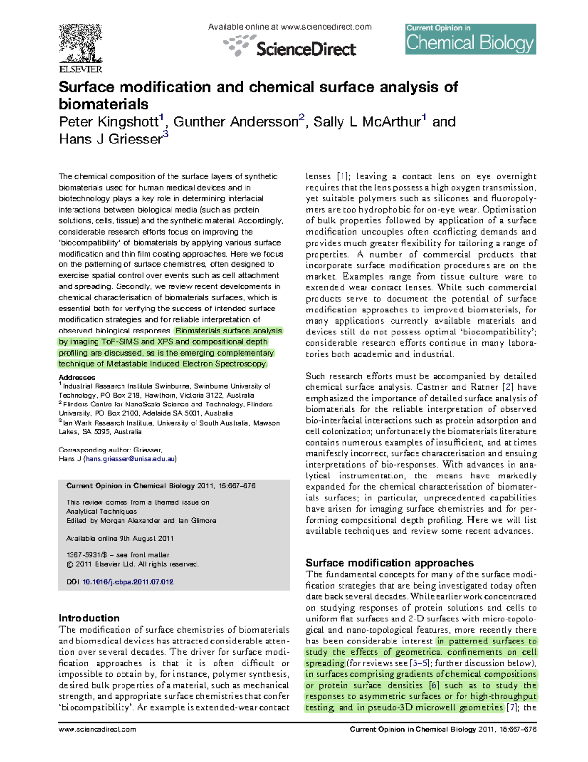 Surface Modification And Chemical Surface Analysis Of Biomaterials