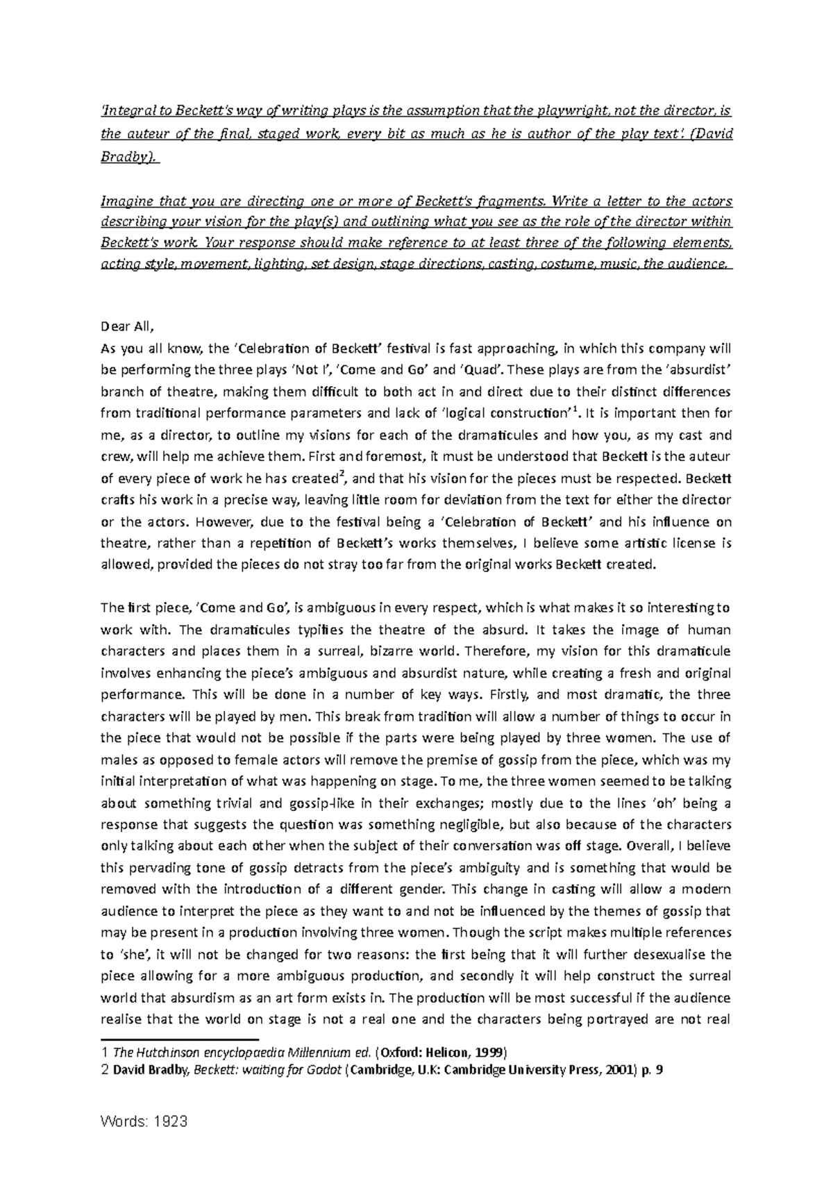 Seminar Assignments, Beckett Assessment - ‘ Integral to Beckett’s way ...