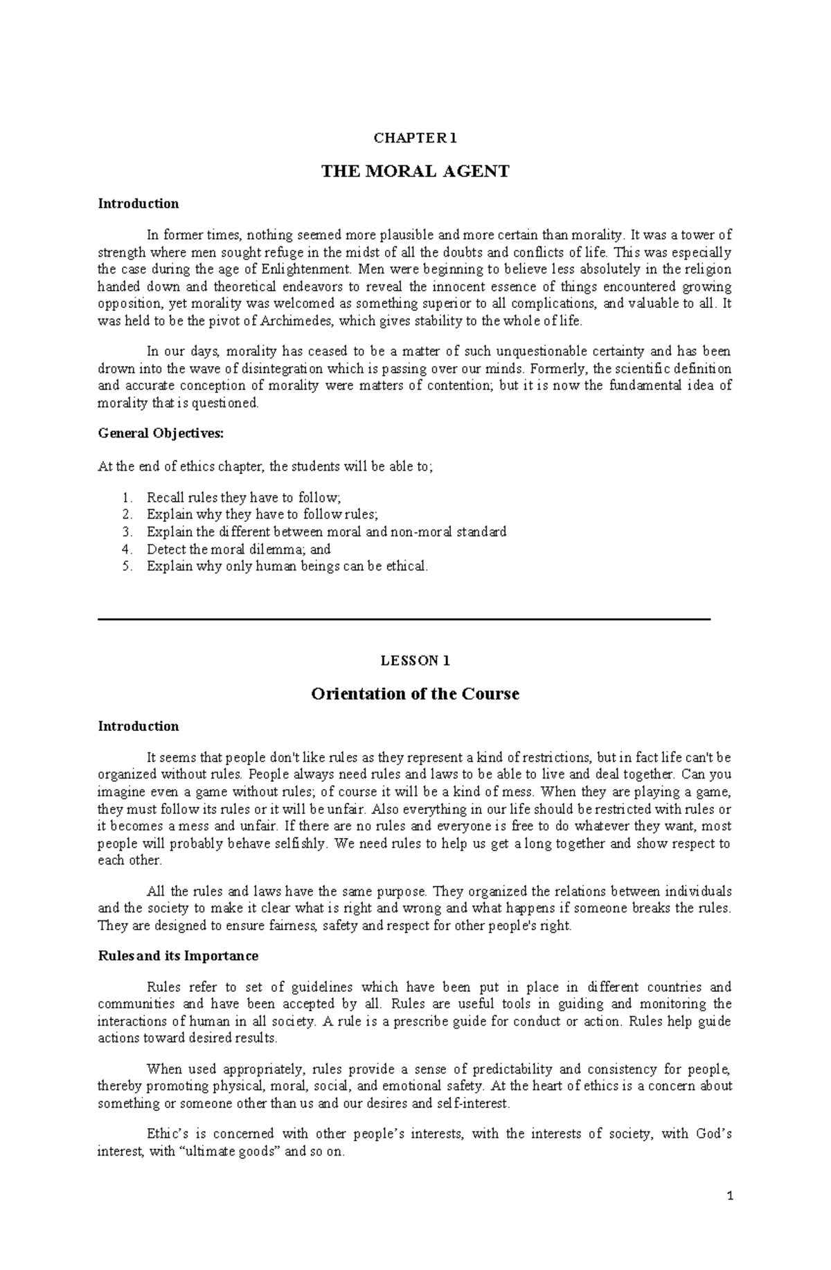 Ethics-ch - Lesson 1 in ethics, the moral agent, morality, dilemmas ...