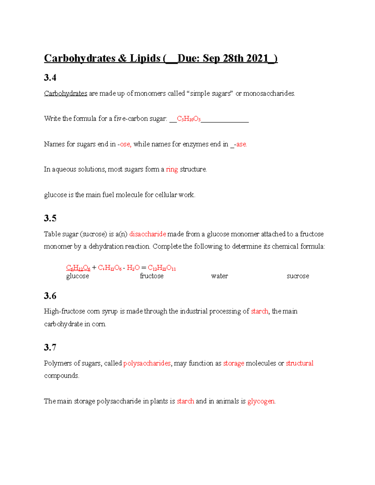 Chapter Notes Sep28th2021 - Carbohydrates & Lipids (_Due: Sep 28th 2021 ...