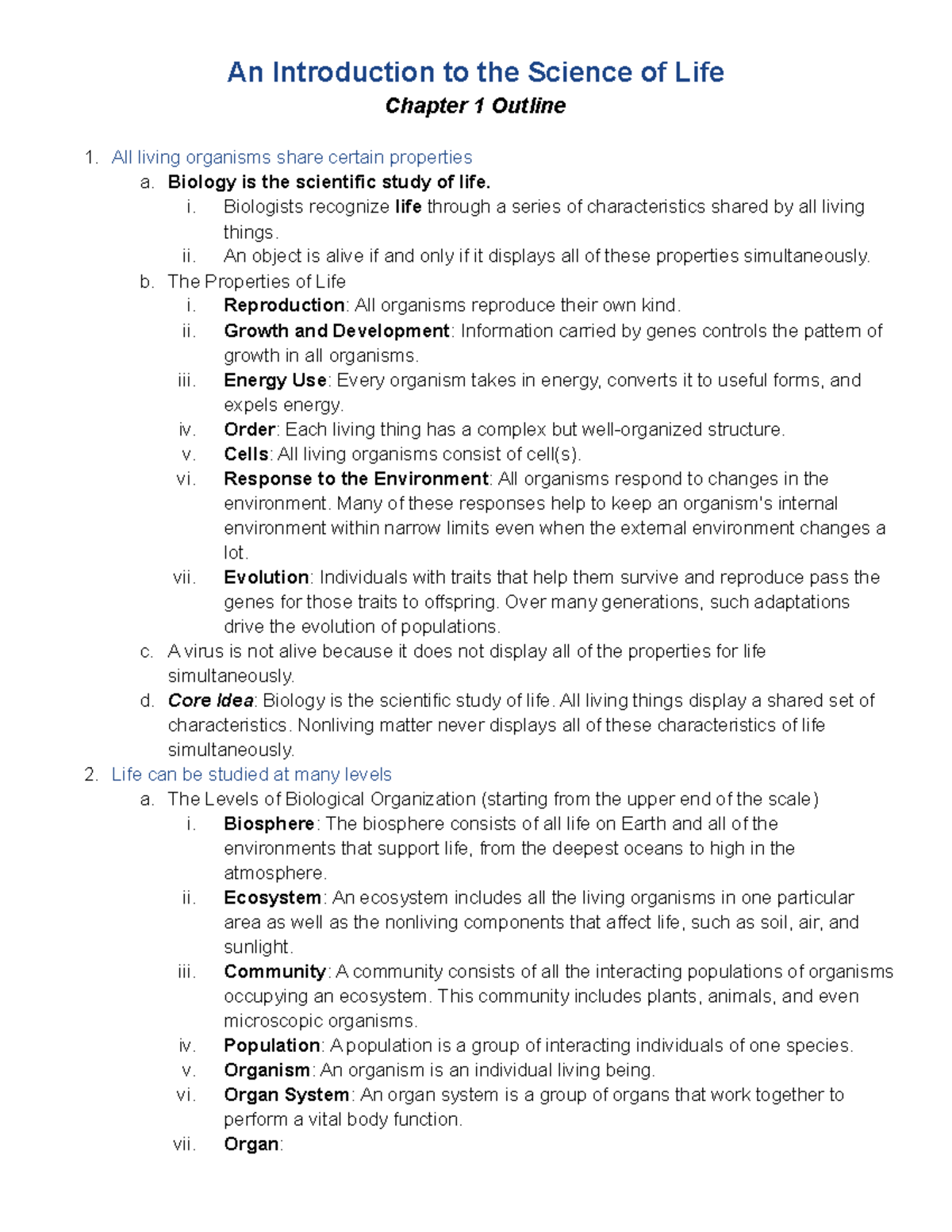 BIOL 101 Chapter 1 Outline An Introduction to the Science of Life - An ...