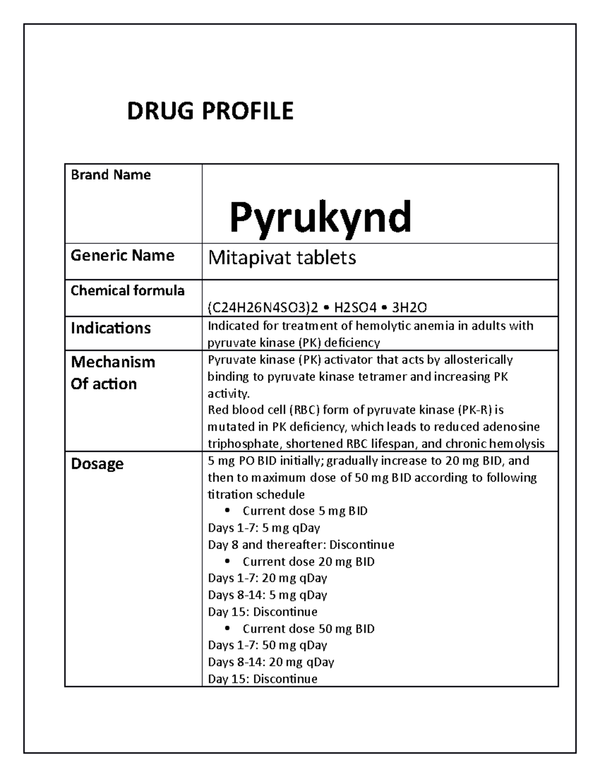 Drug profile 2 - DRUG PROFILE Brand Name Pyrukynd Generic Name ...