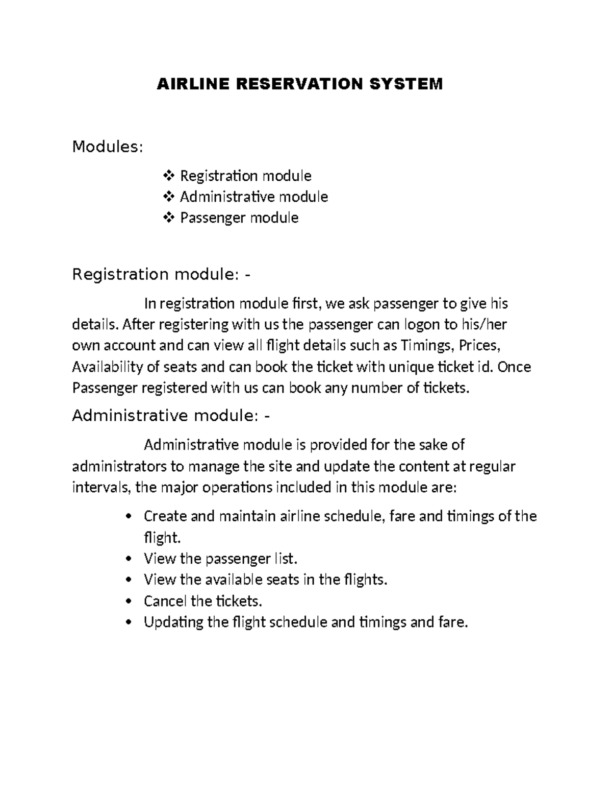 Module - AIRLINE RESERVATION SYSTEM Modules: Registration module ...