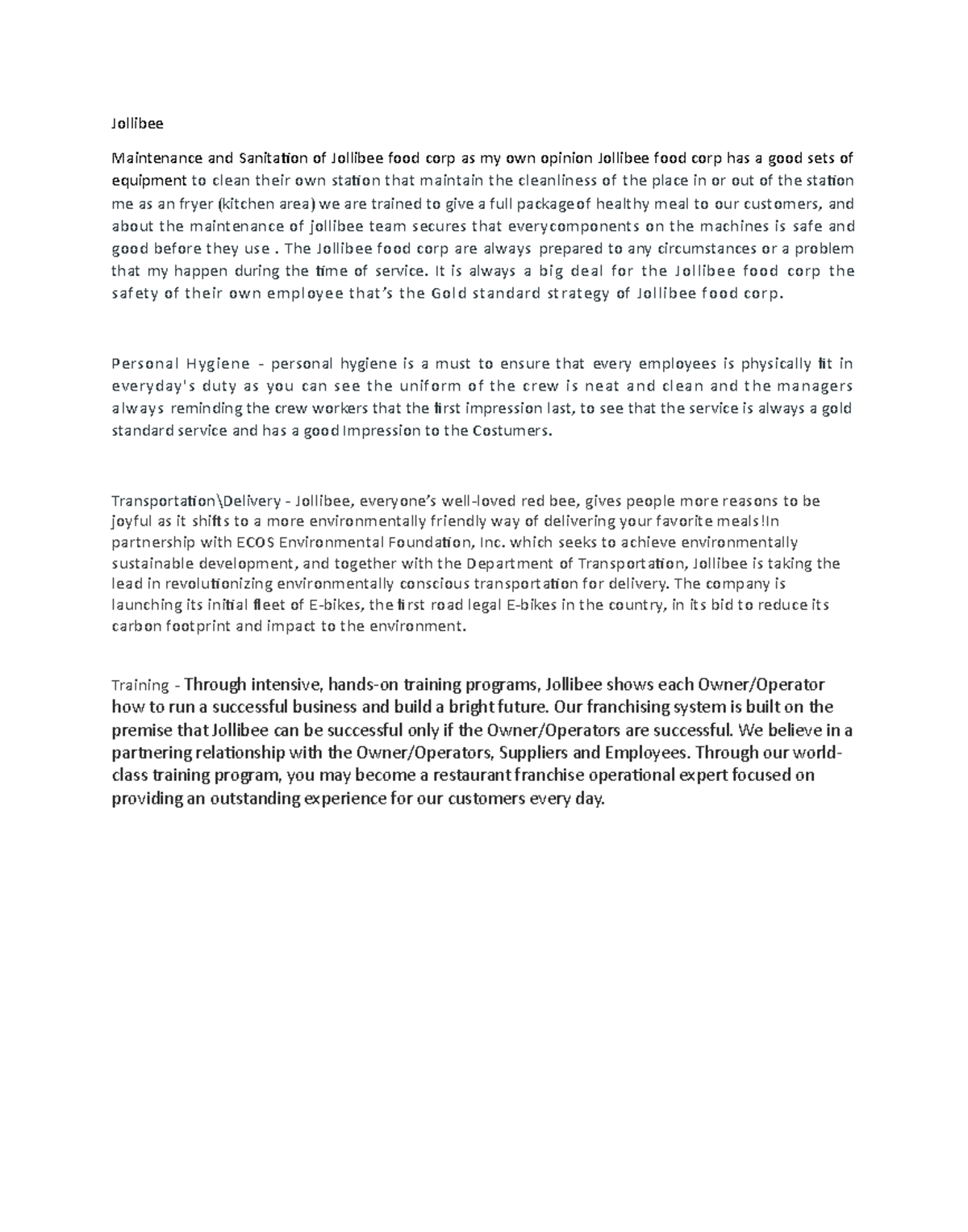 Jollibee maintenance and sanitation - Jollibee Maintenance and ...