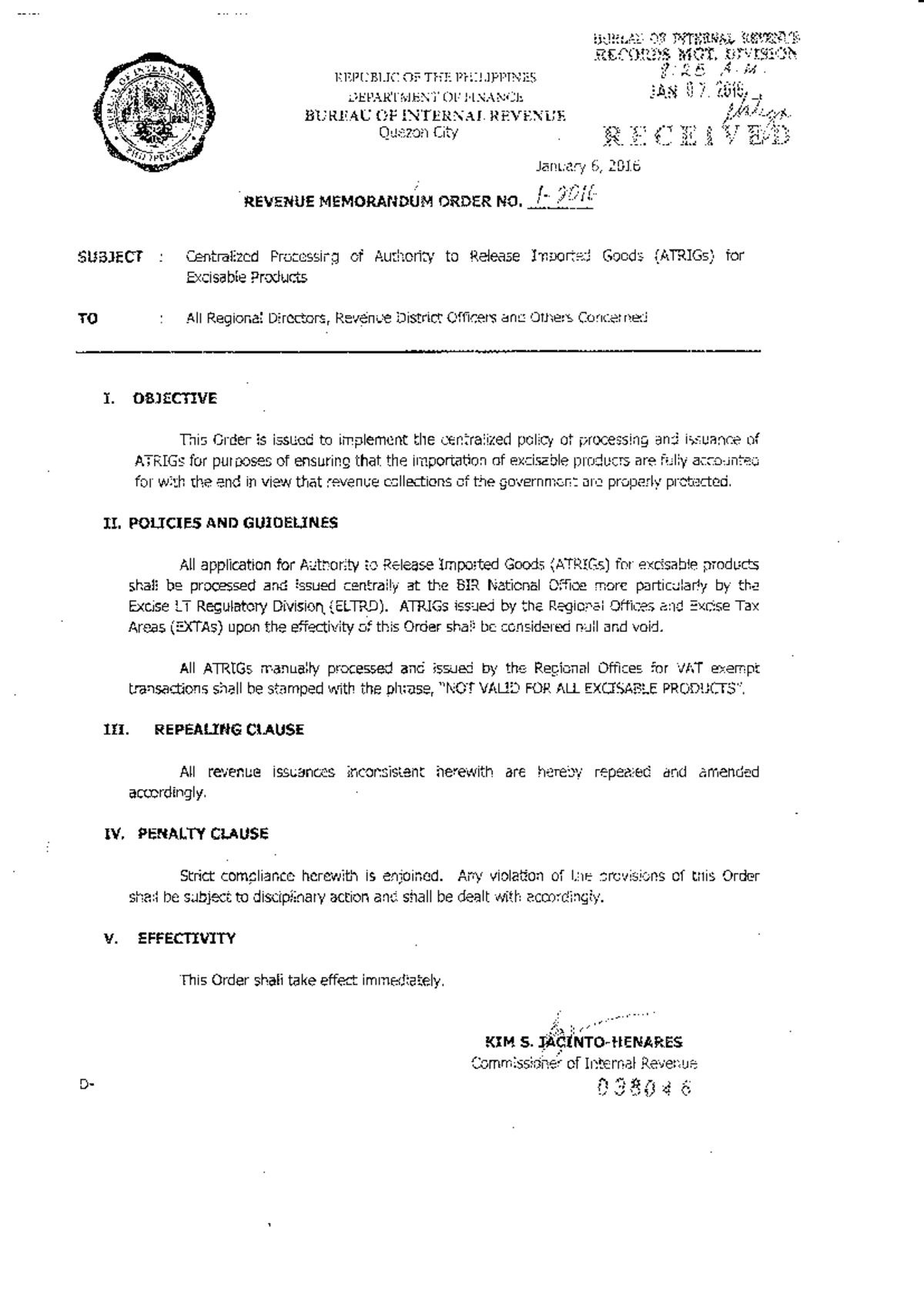 RMO 1-2016 Centralized Processing Atrig - RSPUBI-IC OF THE PHILIPPI ...
