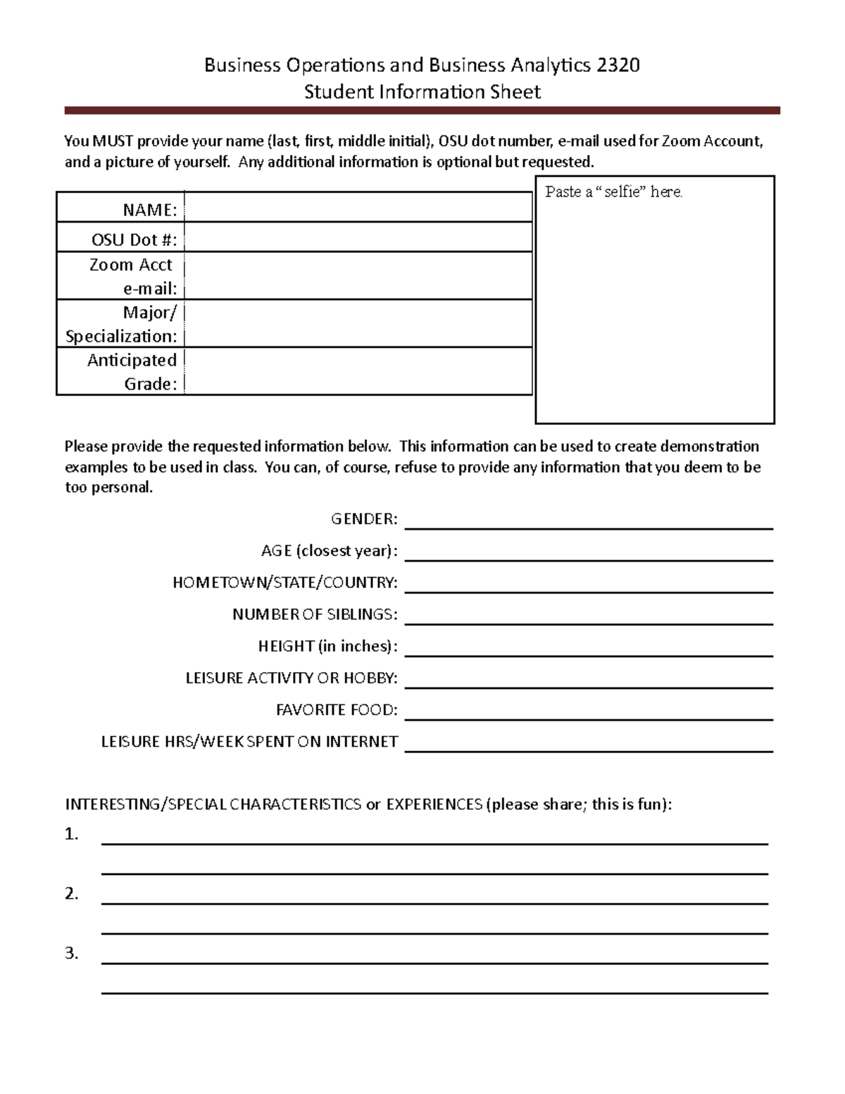 Student Information Sheet - Business Operations and Business Analytics ...
