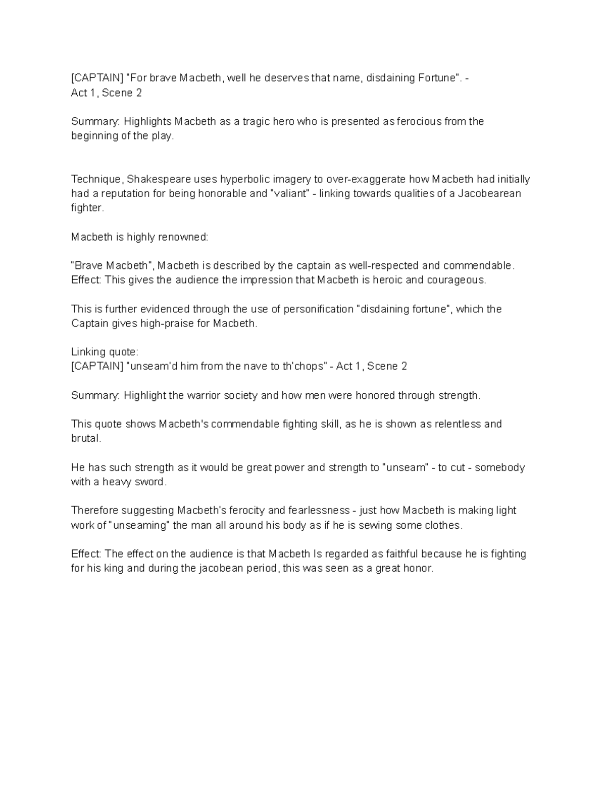 Macbeth key quotes analysis for a Grade 8/9 - [CAPTAIN] “For brave ...