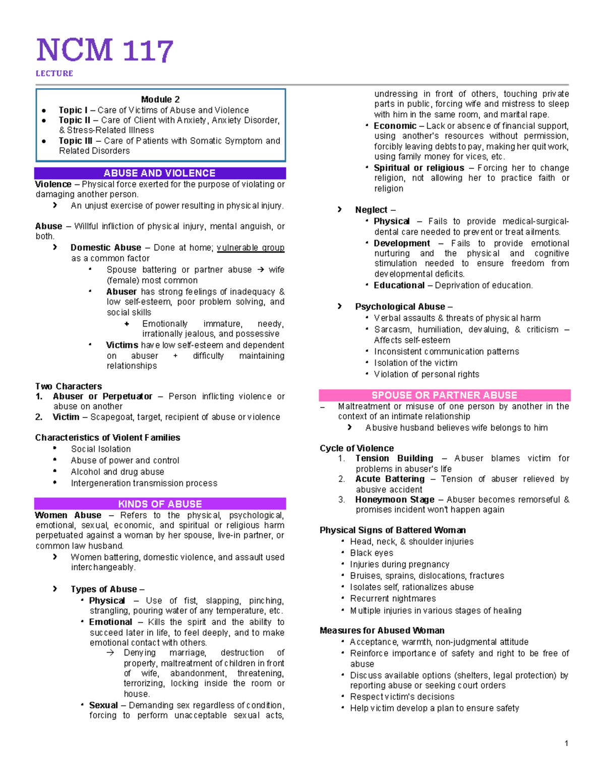Abuse and Violence, Anxiety and Somatic Disorders - NCM 117 LECTURE ...