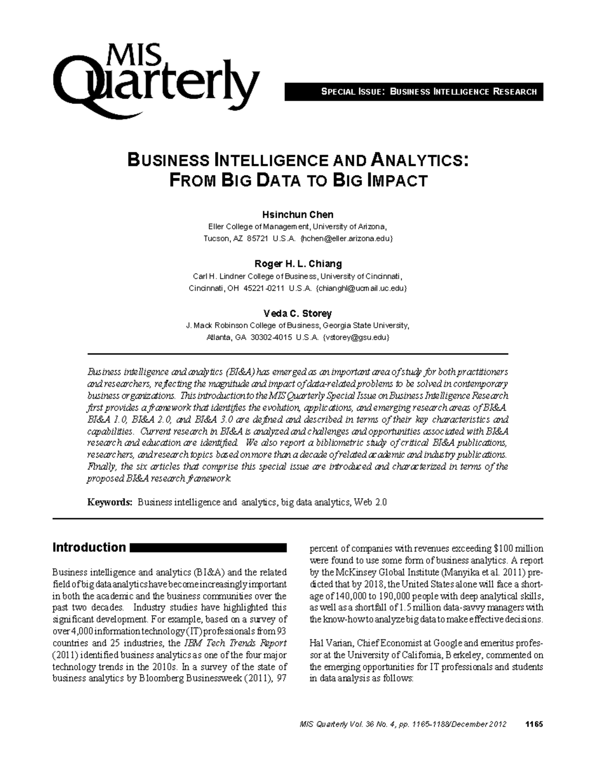 Mis quarterly full text - SPECIAL ISSUE: BUSINESS INTELLIGENCE RESEARCH BUSINESS INTELLIGENCE ...