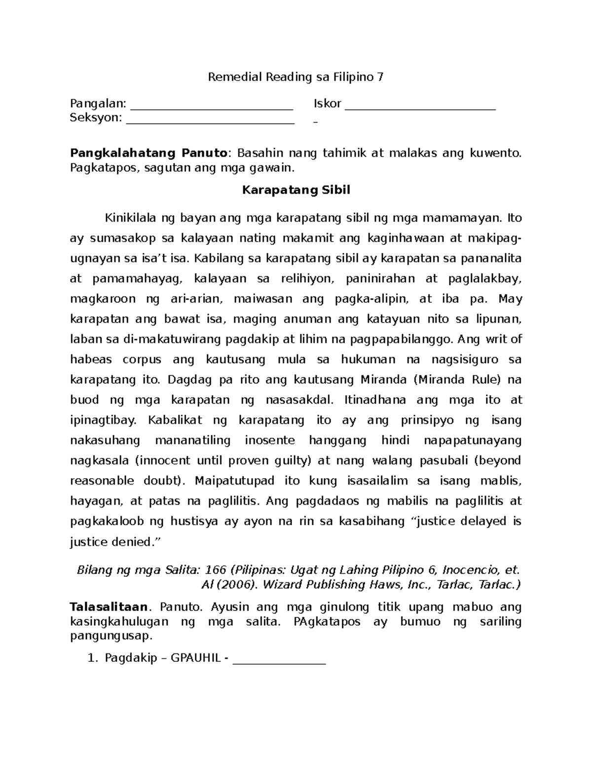 Grade 7 Reading Intervention Materials from Phil Iri - Remedial Reading sa Filipino 7 Pangalan ...
