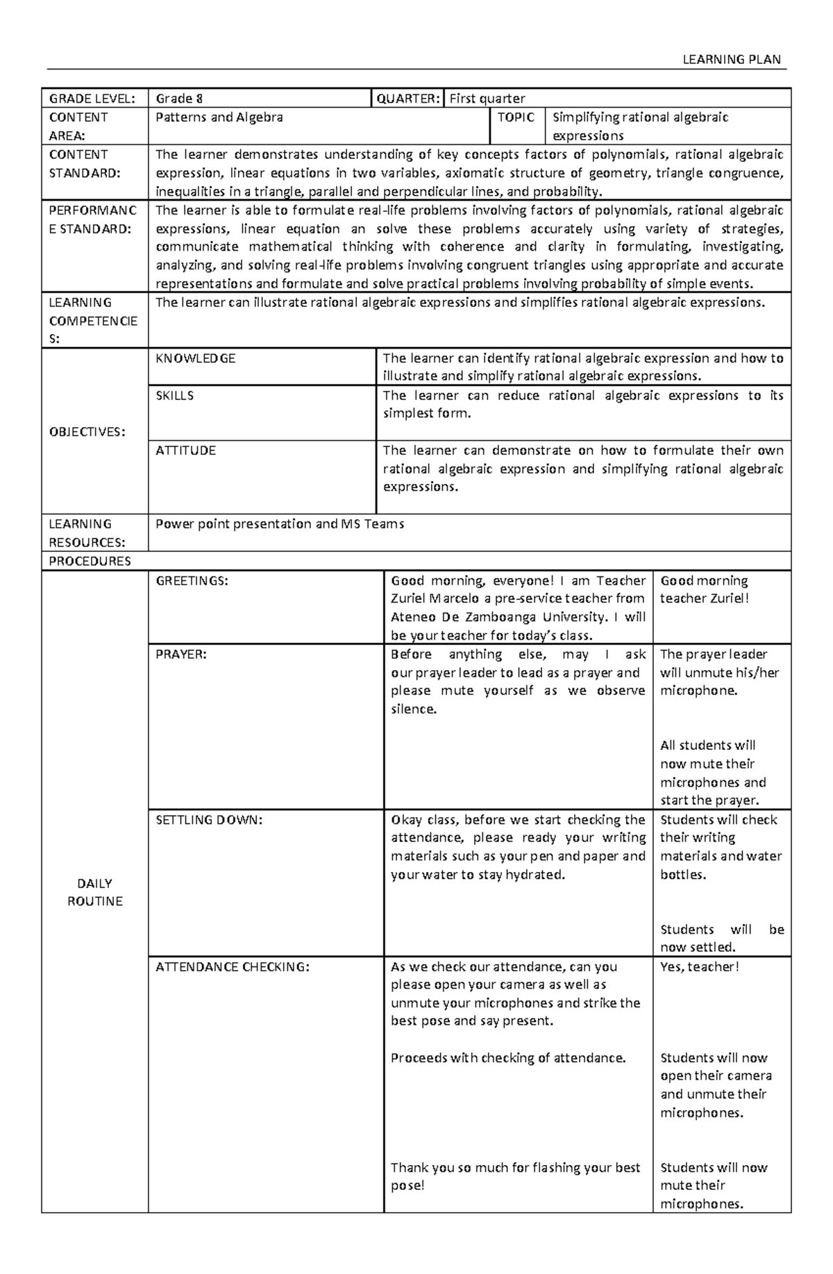 Detailed Learning plan of week 3 Simplifying rational algebraic ...