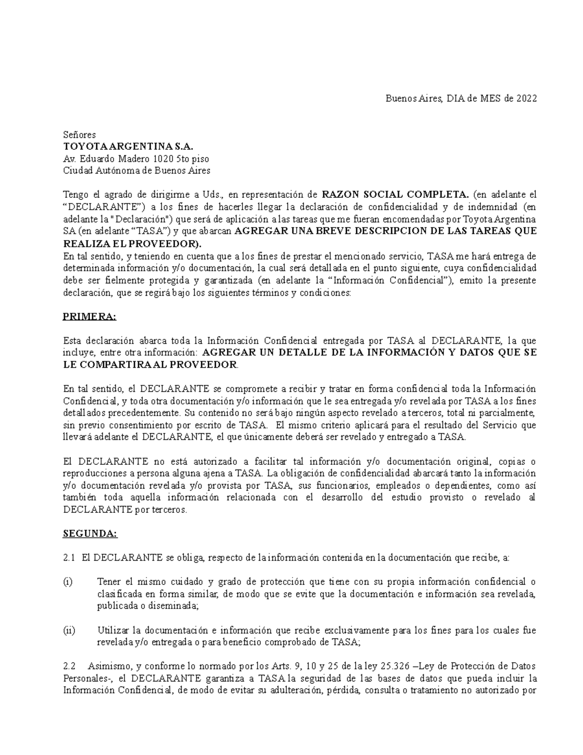 (Modelo) - Decl. Confidencialidad - Buenos Aires, DIA de MES de 2022 ...